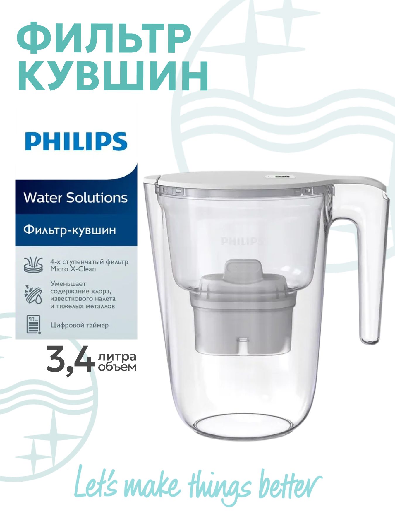Кувшин для воды с фильтром Philips/ фильтр для воды кувшин с таймером для замены картриджа, 3.4 л