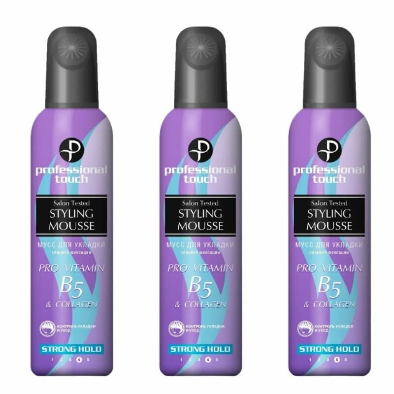 PROFESSIONAL TOUCH Мусс для укладки волос, Pro-Vitamin B5& Collagen, сильная фиксация, 150 мл, 3 уп.