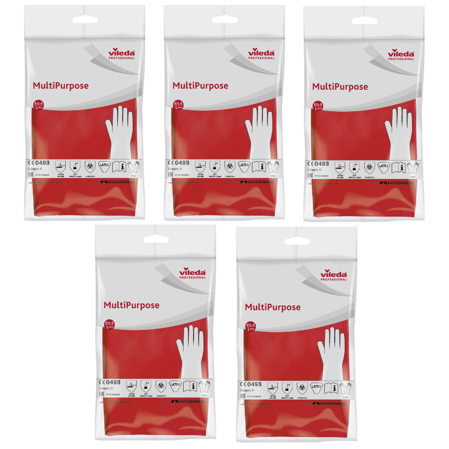 Перчатки латексные многоцелевые Multipurpose Vileda Professional, цвет: красный, размер: L (8,5-9), комплект: 5 пар, 100751-5