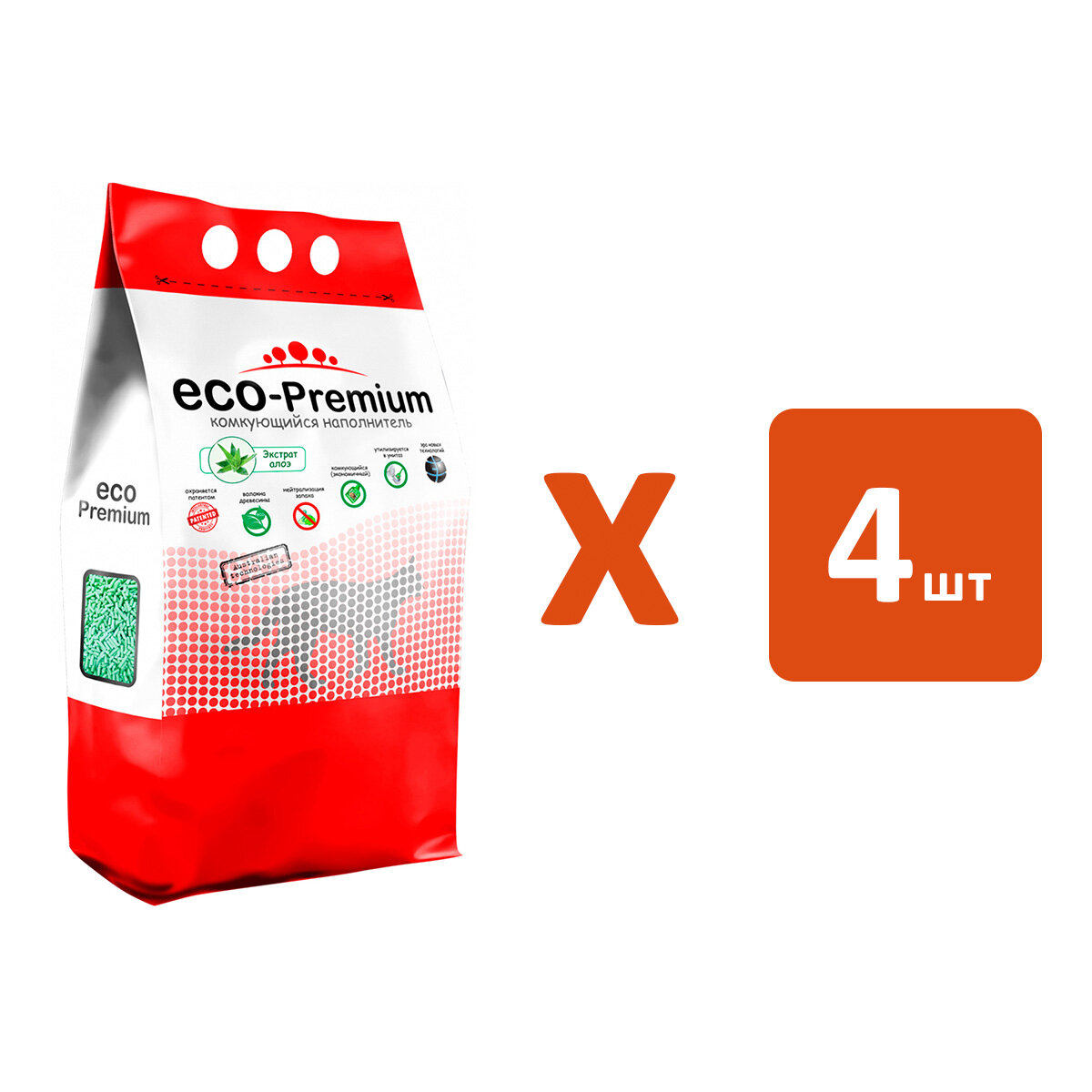 ECO-PREMIUM алоэ наполнитель древесный комкующийся для туалета кошек с ароматом алоэ (7,6 кг х 4 шт)