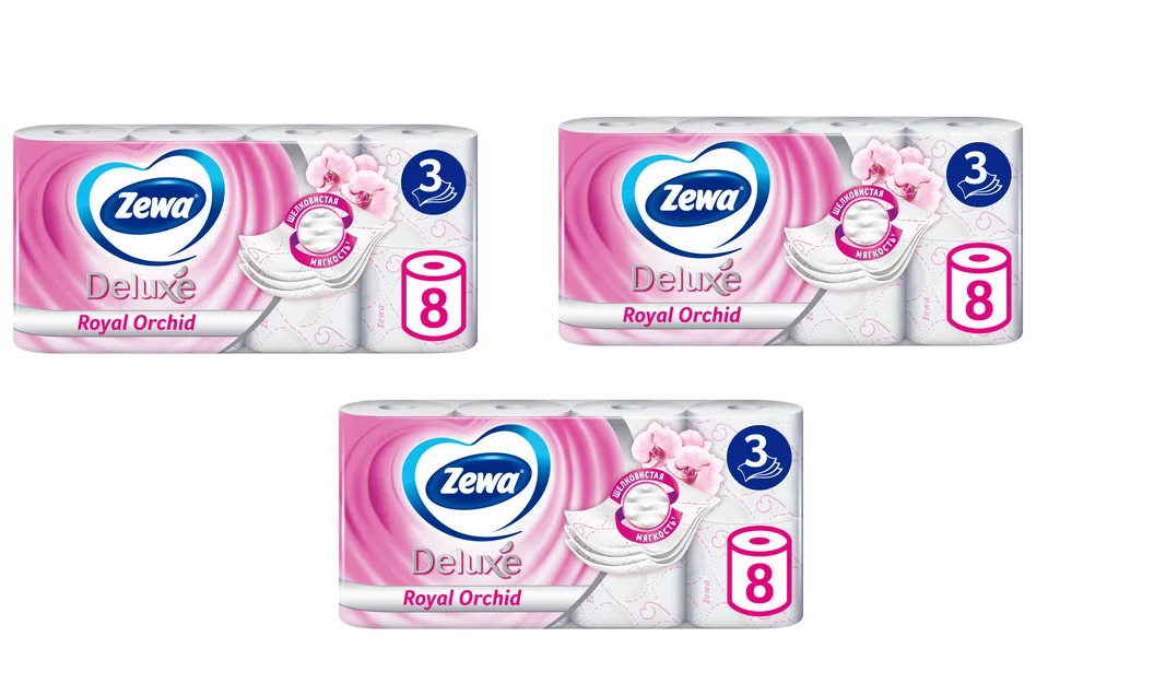 Туалетная бумага Zewa Deluxe, 3-х слойная, орхидея, 8 шт, 3 уп