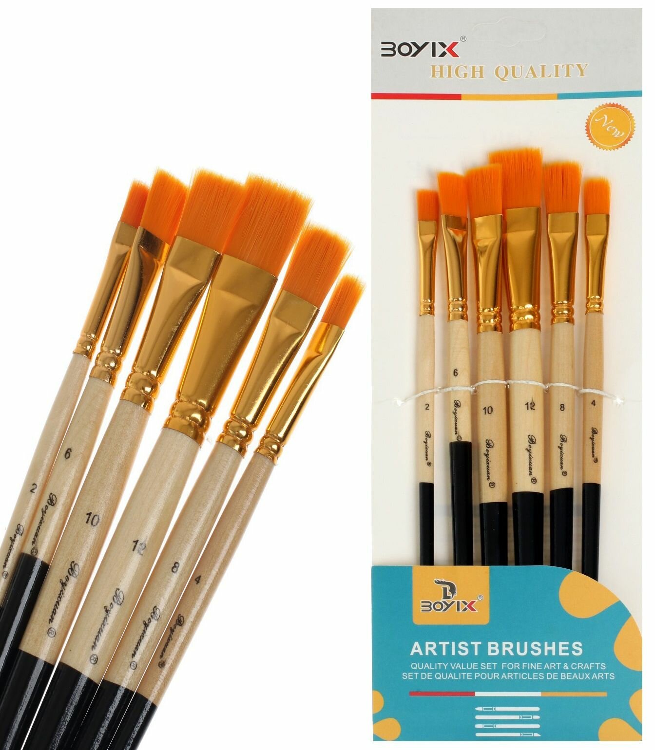 Набор кистей прямых для рисования красками, кисточки из синтетического ворса с деревянными ручками, канцелярия для школы и творчества, 6 штук