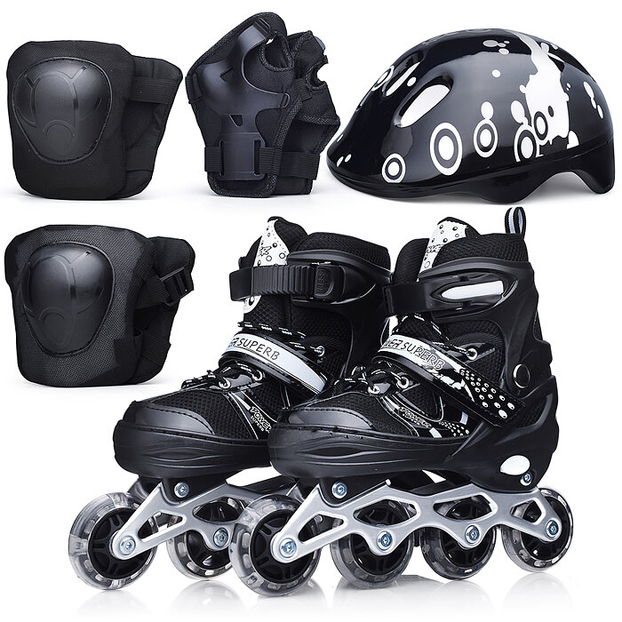 Ролики детские, размер M, черные (со шлемом и защитным снаряжением)