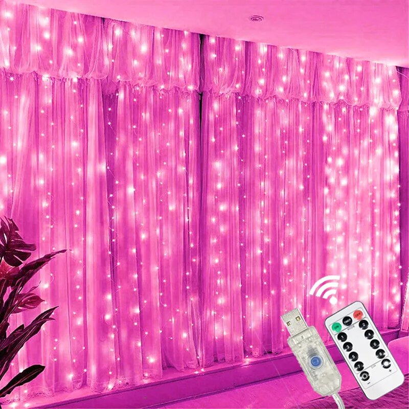 DRTSRU Светодиодная гирлянда-штора 3x3м/6x3м теплый белый Pink, 3Mx2M 200LED