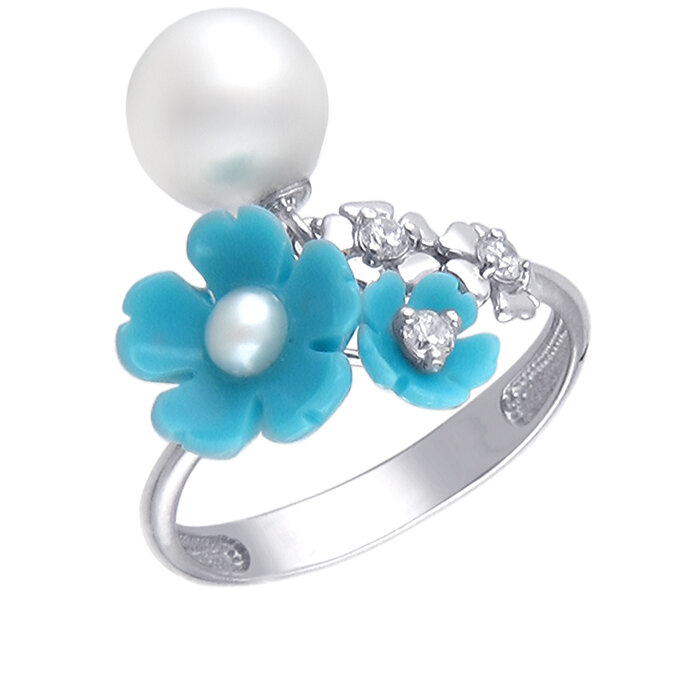 Кольцо, серебро, 925 проба, жемчуг имитация, жемчуг, фианит, бирюза