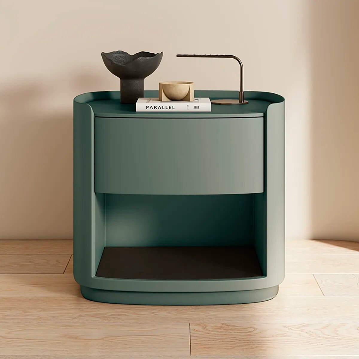 Тумбочка прикроватная с одним ящиком в современном стиле обитая экокожей Nomi 50 см (авокадо зеленый)