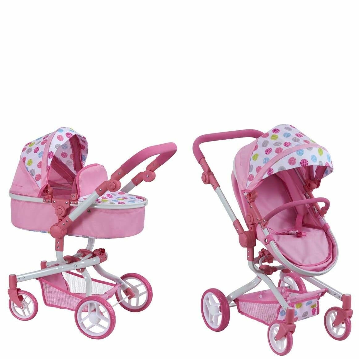 Коляска для куклы Melobo трансформер, розовая с белой отделкой в горошек, перекидной ручкой и корзиной, в коробке