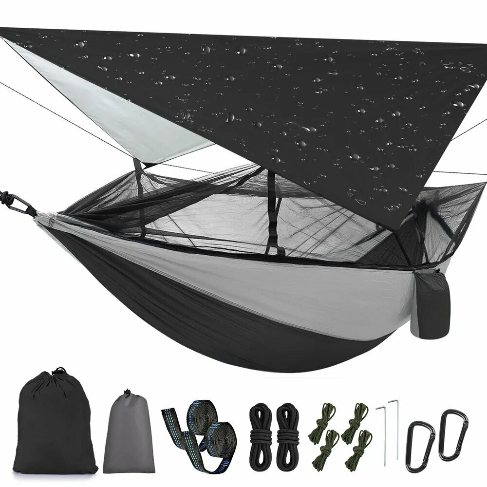Гамак "Нейлон", 140x260см, черные, москитная сетка, чехол для хранения
