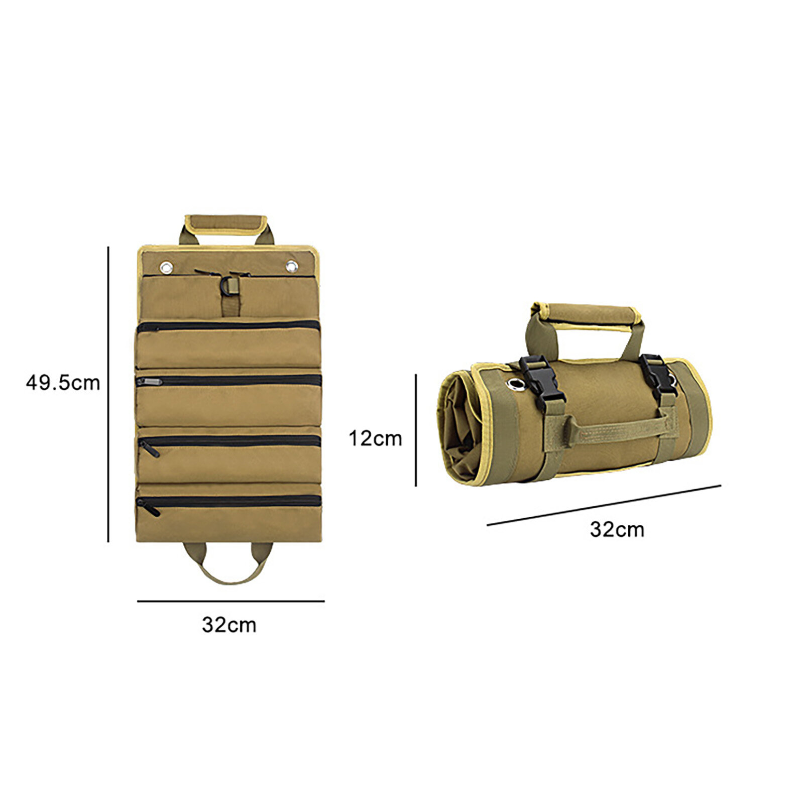 Hardware Tool Bag Portable Roll Up Tool Organizer Oxford Cloth Storage Bag с 2 Detachable Pouches Khaki