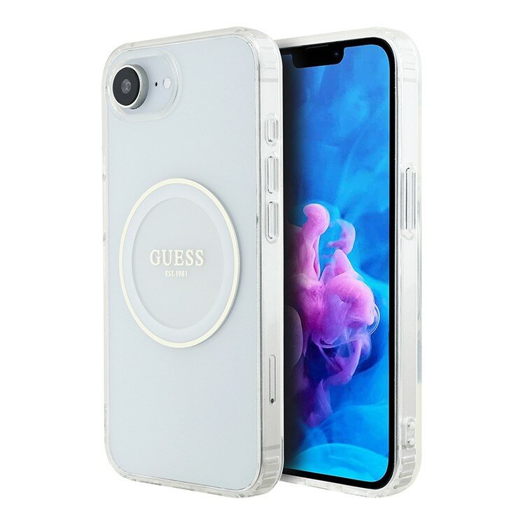 Guess пластиковый чехол MagSafe для iPhone 16e, Middle Colored Ring прозрачный/белый