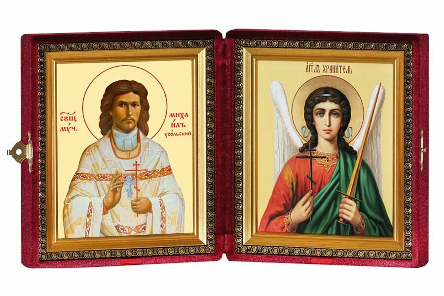 Икона Складень Михаил Накаряков, Усольский, Священномученик и Ангел Хранитель в бархатном футляре, 14х16,5 см
