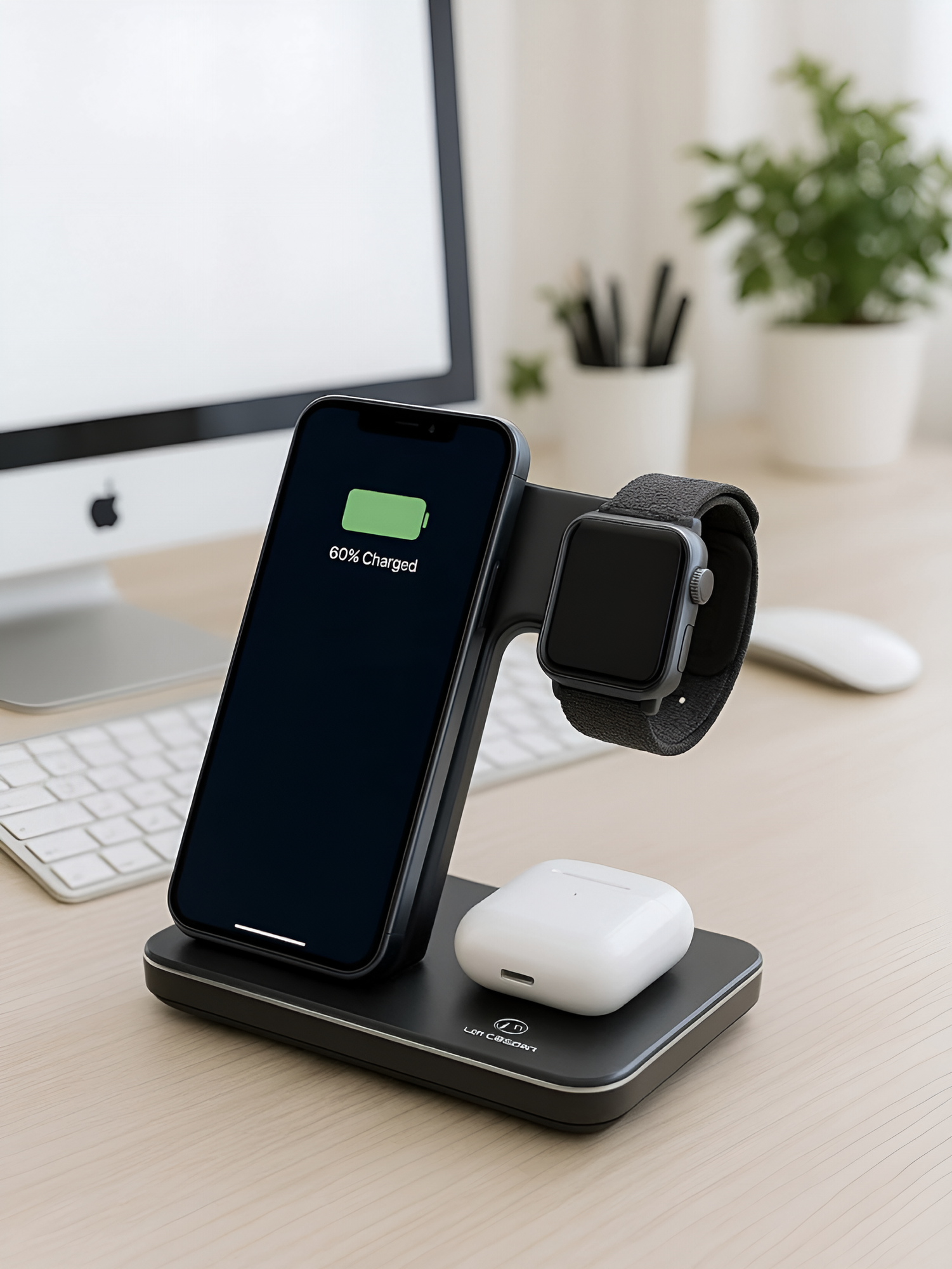 Беспроводная зарядка 3 в 1 для iPhone, Apple Watch, AirPods / Черная с подсветкой