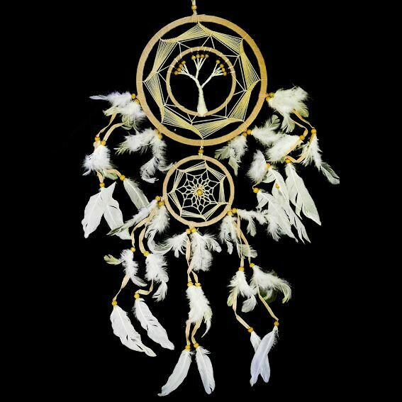 Ловец снов ДВА бежевых круга С деревом жизни с перьями и деревянными бусинами (макраме, диаметр 22 см, длина 60 см.), 1 шт.
