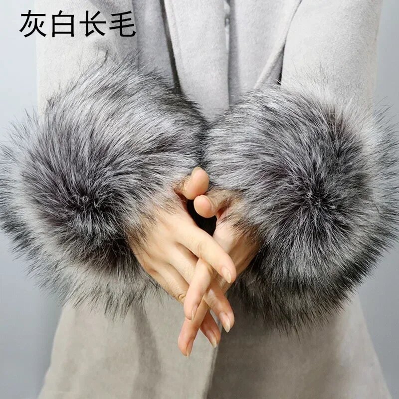 2 шт Женские фальшивые меховые манжеты эластичная меховая рука теплее зимняя пушистый плюшевый ветропроницаемый браслет рукав куртки аксессуары,33,15, искусственный мех,35, серый/белый, SKU00285