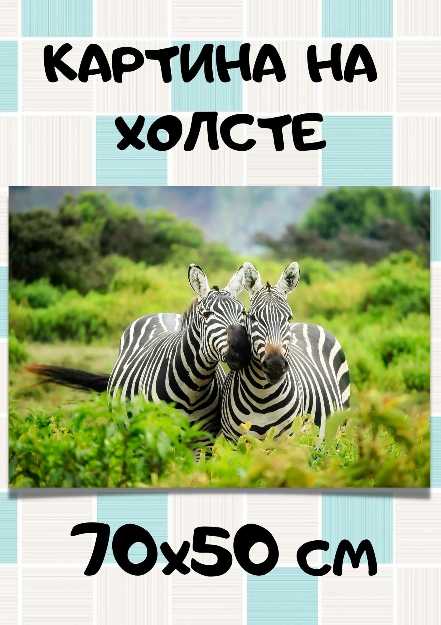 Картина с дикими животными "Две зебры среди кустов" 70х50 см