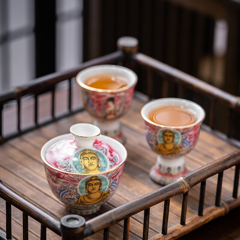 Фарфоровая чайная пара Гайвань и Пиала Будды, 80 мл, посуда для чайной церемонии в подарочных коробках. Китай