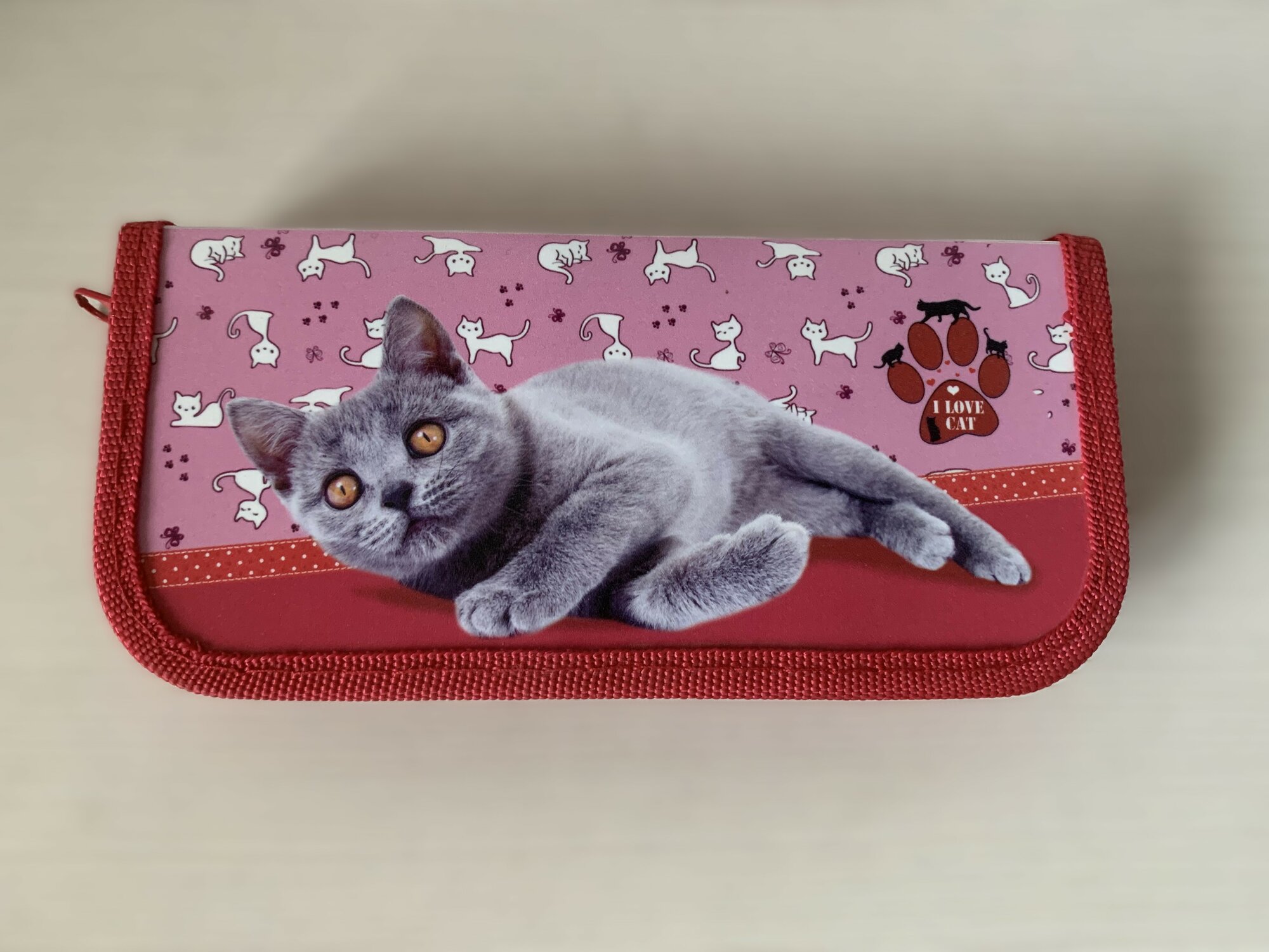 Пенал школьный односекционный, маленький серый котёнок