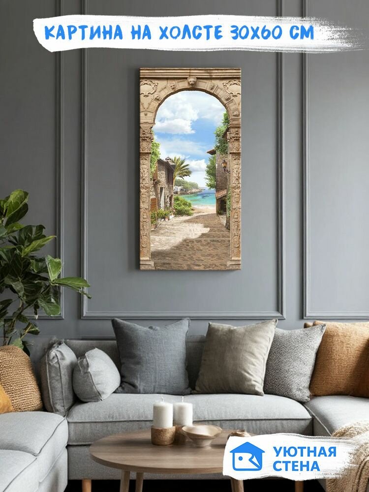 Картина на натуральном холсте Уютная стена "Арка с лестницей к морю" 30х60 см