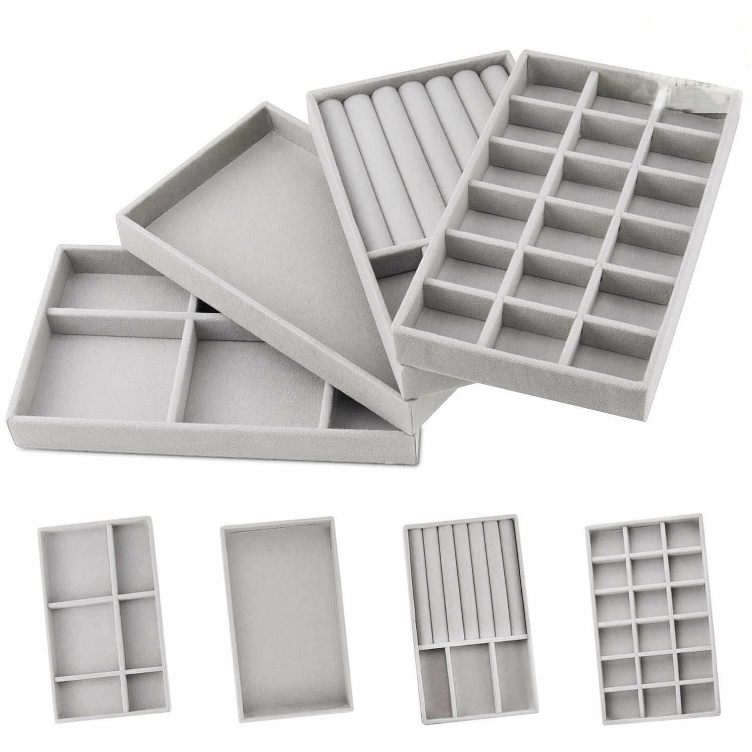Лотки для хранения ювелирных изделий штабелируемые 4 шт. с разделителями и регулируемыми отсеками, органайзер для колец, сережек и браслетов, размер 21x12.5x2.5 см