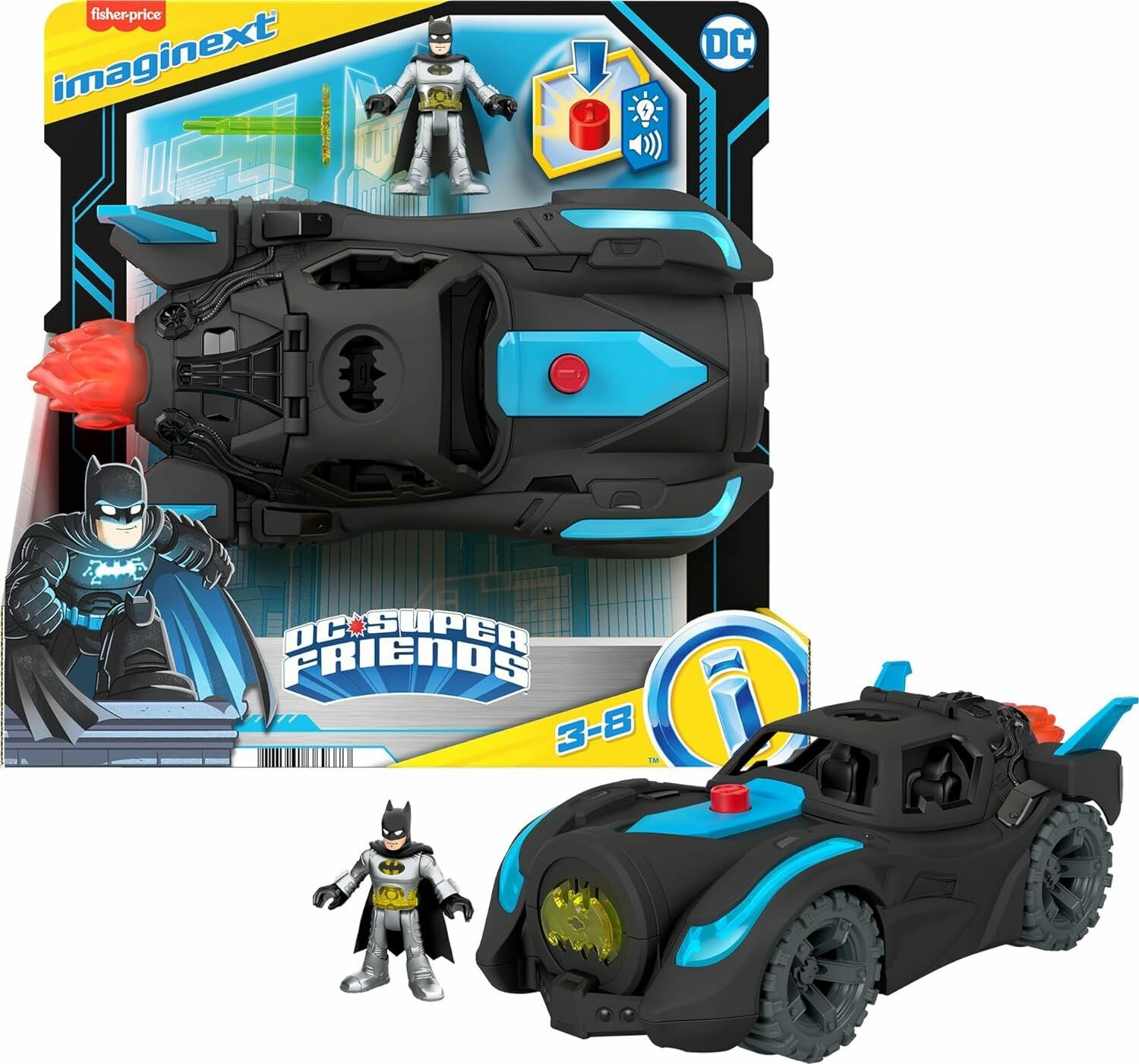 Fisher-Price Imaginext Dc Super Friends Бэтмобиль, со светом и звуком, игрушки Бэтмена для детей от 3 лет и старше Hgx96 -CA