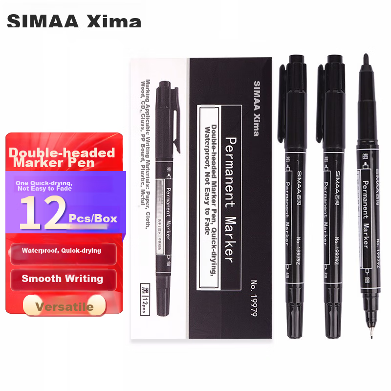 SIMAA Black Dual-Tip Multi-Purpose Marker Pen, Student Marker Pen, Meeting Note Marker Pen, 12 Pens/box, 19979