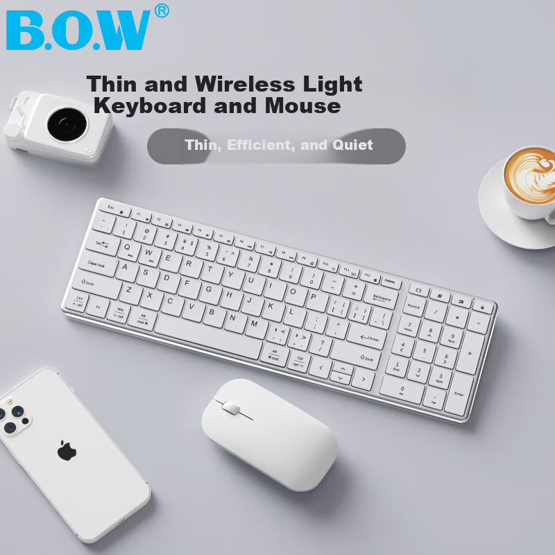 B.O.W HW236L-2 Rechargeable Ultra-Thin Silent Wireless Keyboard and Mouse Combo for Desktop Laptop Office Home Use Universal Keyboard Mouse Silver White
