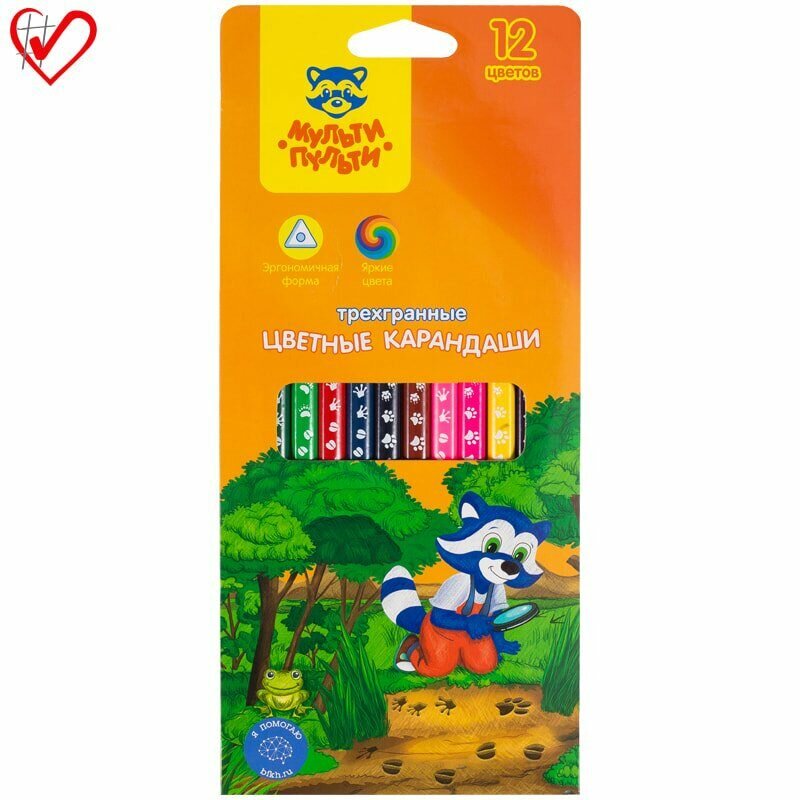 Карандаши цветные Мульти-Пульти Енот-следопыт, 12цв, трехгр, рисунок на корпусе, заточен, картон, CP_20537