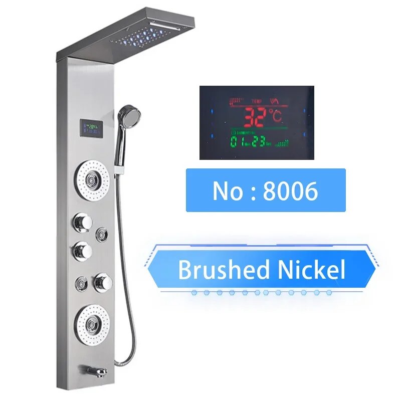 Светодиодная душевая панель водопад, дождь, цифровой дисплей, смеситель для душа, набор, Brushed Nickel