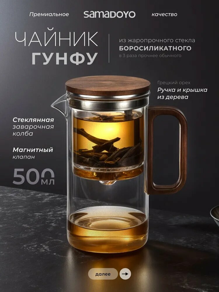 SAMADOYO Премиум Чайник заварочный стеклянный гунфу, c магнитной системой SAMAGLASS (ex.BONSTON)