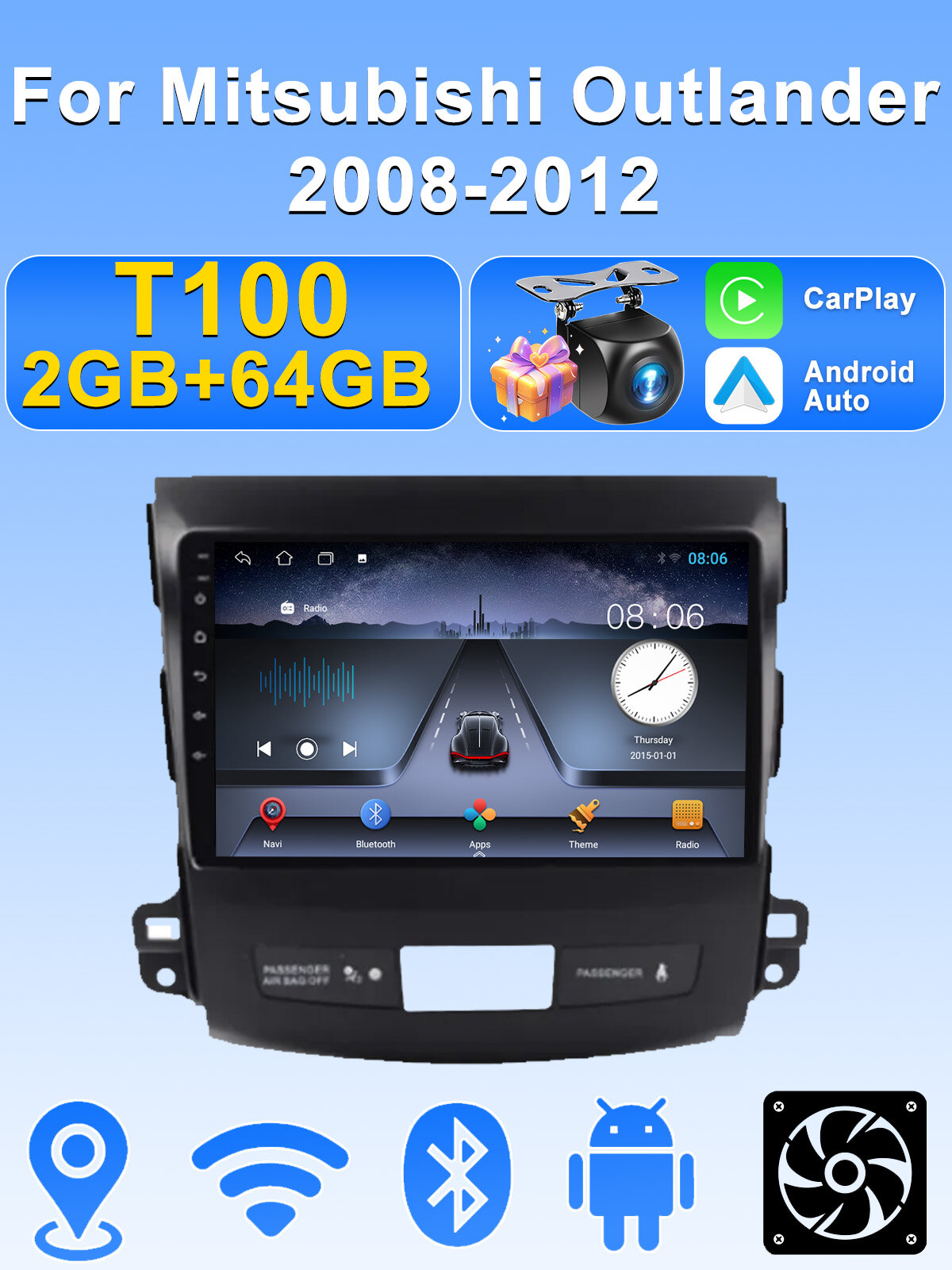 Магнитола для Mitsubishi Outlander 2008-2012 , Автомагнитола для Митсубиси Аутлендер ХЛ,2din android 2+64G Мультимедиа Bluetooth FM WIFI Автомобильный