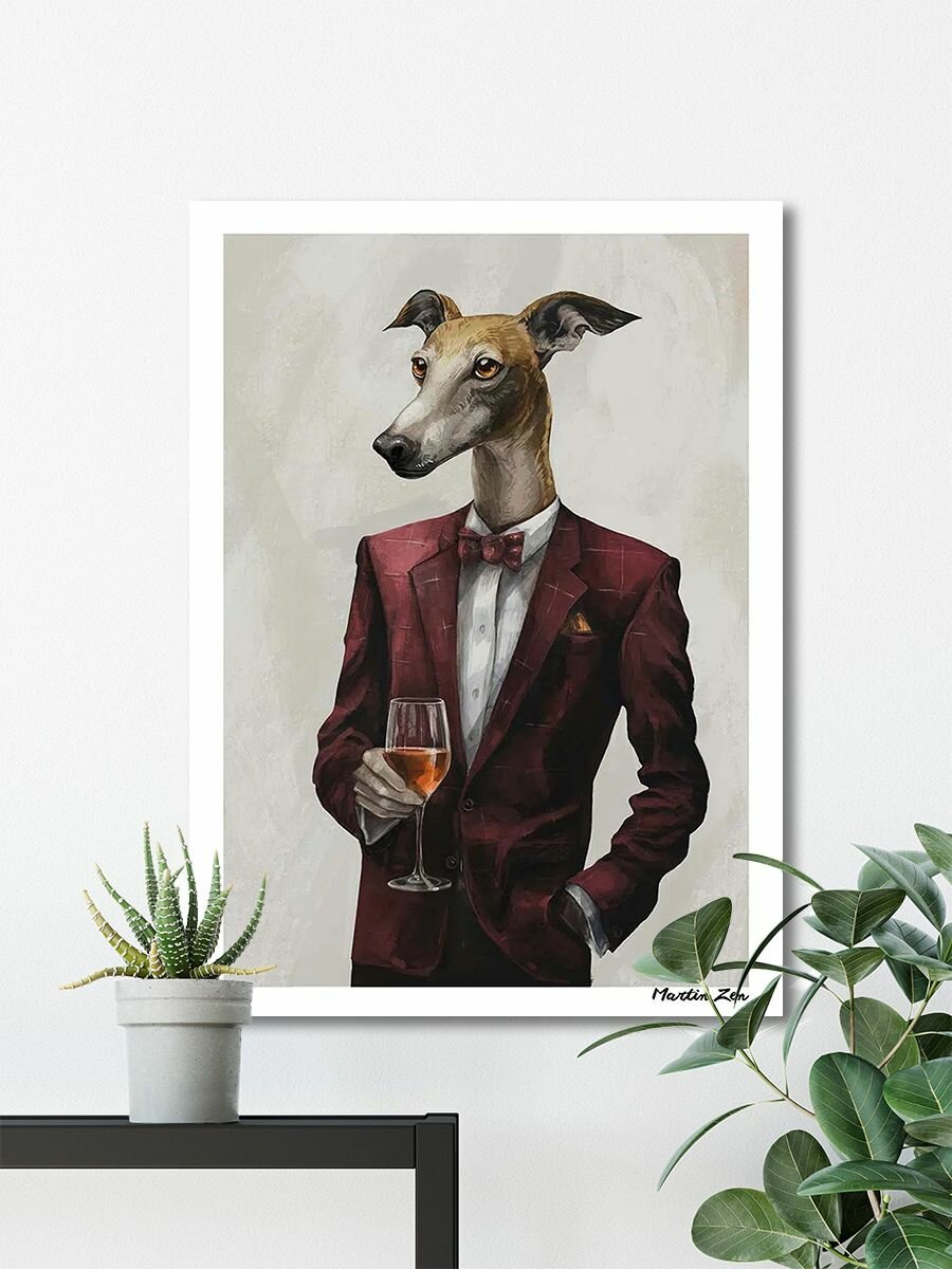 Картина собака - "Борзая аристократ с бокалом", животные, 30х40 см.