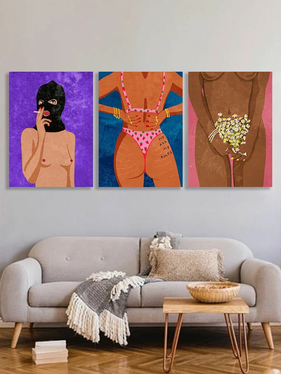 Модульные картины на стену / триптих - "Секс девушка эпатаж", картина 3 шт, модуль 40х90 см