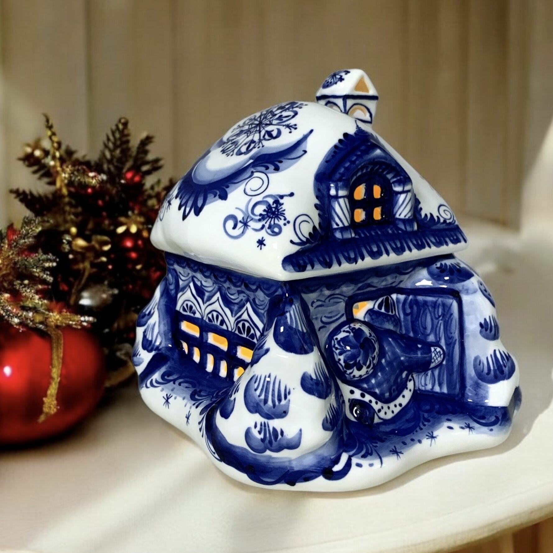 Подсвечник новогодний "Домик" гжель фарфор