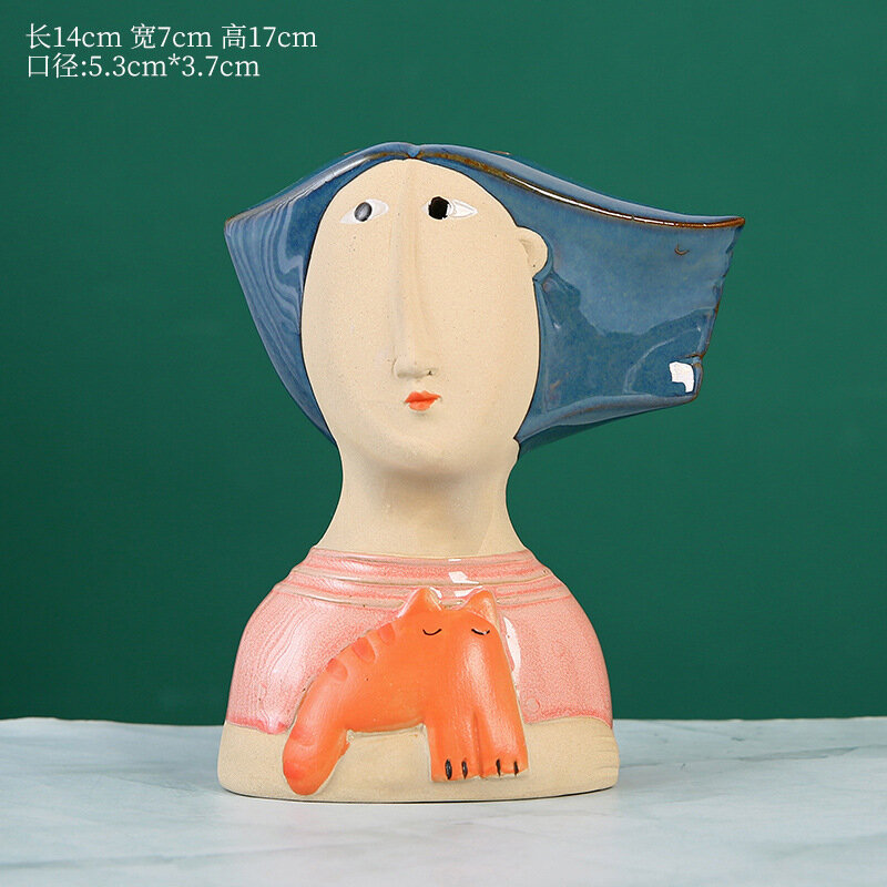 Кашпо для цветов, ваза, керамика, 14х7х17 см, женщина с кошкой