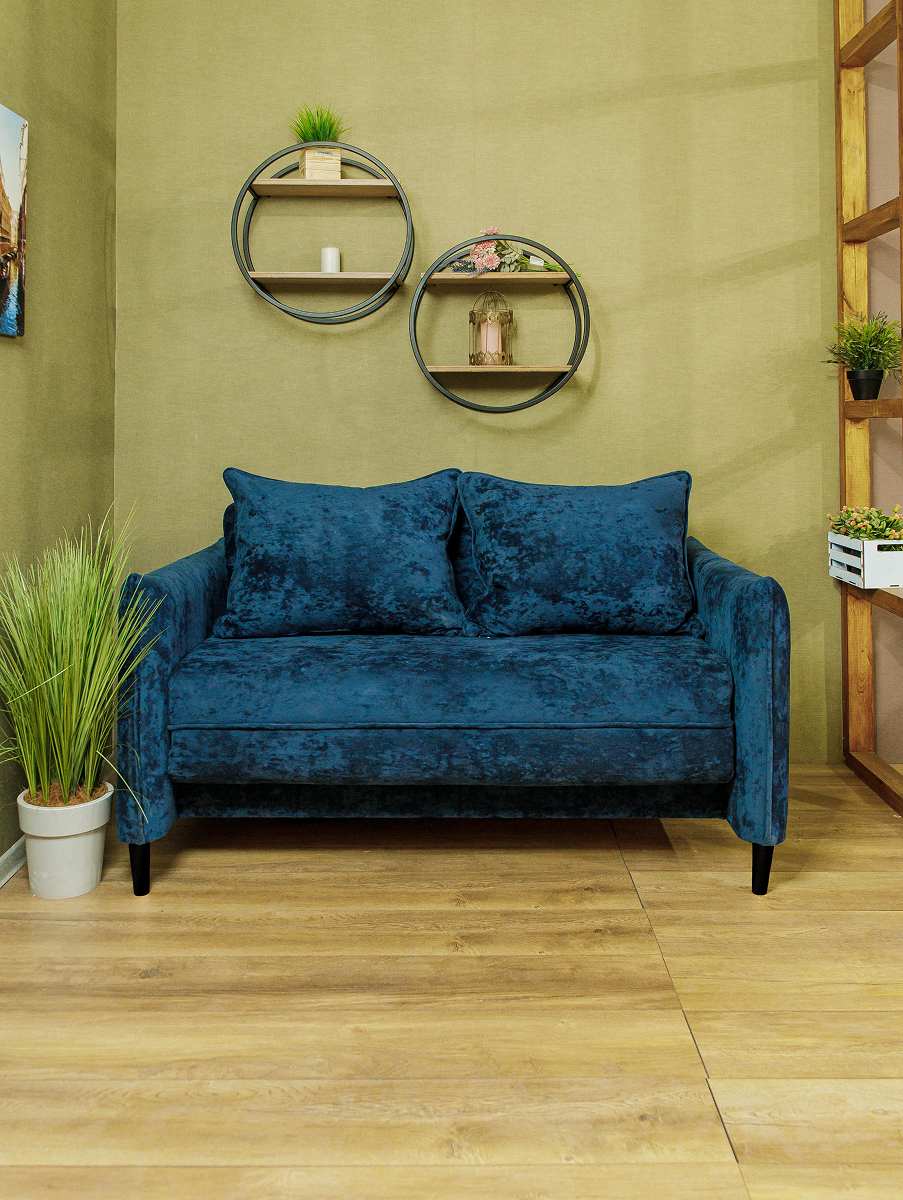 Мини диван-кровать раскладной, для гостиной, зала, спальни, синий, на черной ножке