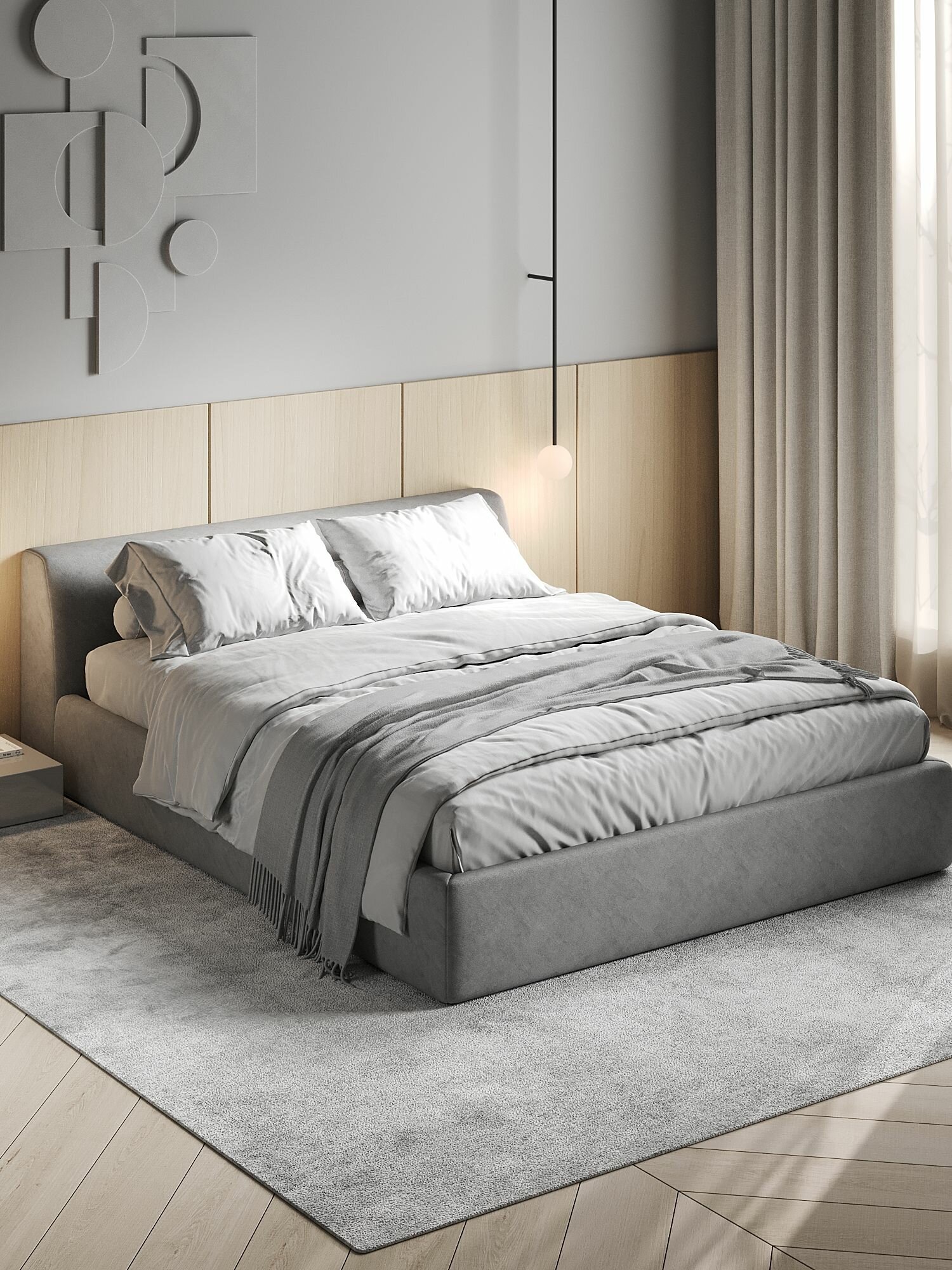 Кровать Альтхоум Lounge 1 Матрац 200х200 см/Каркас кровати 215х232,5 см серый, велюр