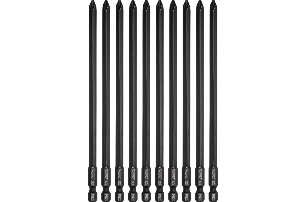 WURZ Биты PH2x150 мм, 10 шт, прочные стальные биты 3700, набор для крепежа и монтажа