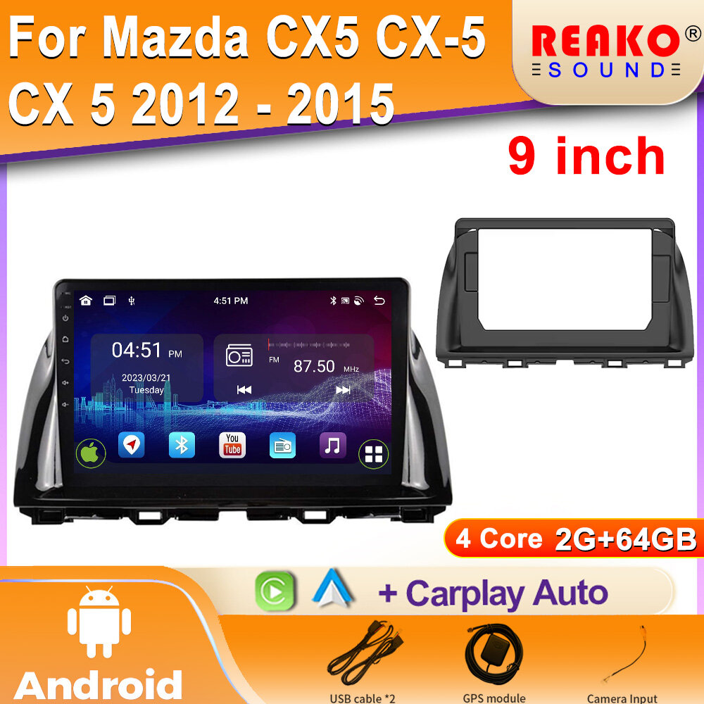 Магнитола для Mazda CX5 2012 - 2015 , с камерой заднего вида. IPS экран 9 дюймов, Wifi 2din с сенсорным экраном, usb и блютузом.