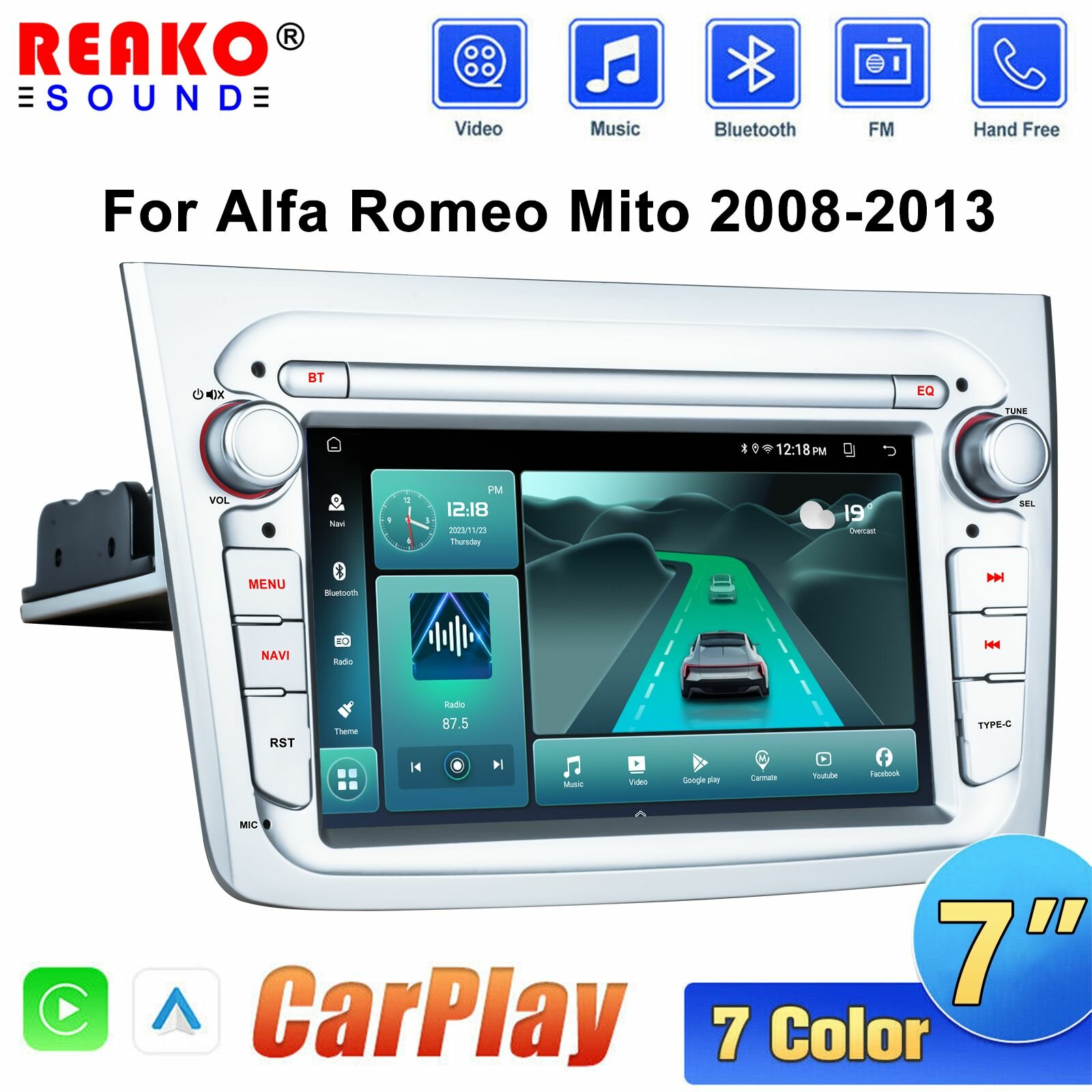 Магнитола для Alfa Romeo Mito 2008-2013 , с камерой заднего вида. IPS экран 7 дюймов, Wifi 1din с сенсорным экраном, usb и блютузом.