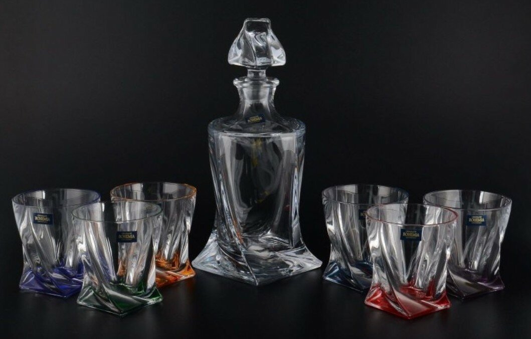 Прозрачный набор для виски с разноцветным дном от бренда Crystalite Bohemia, 7 штук