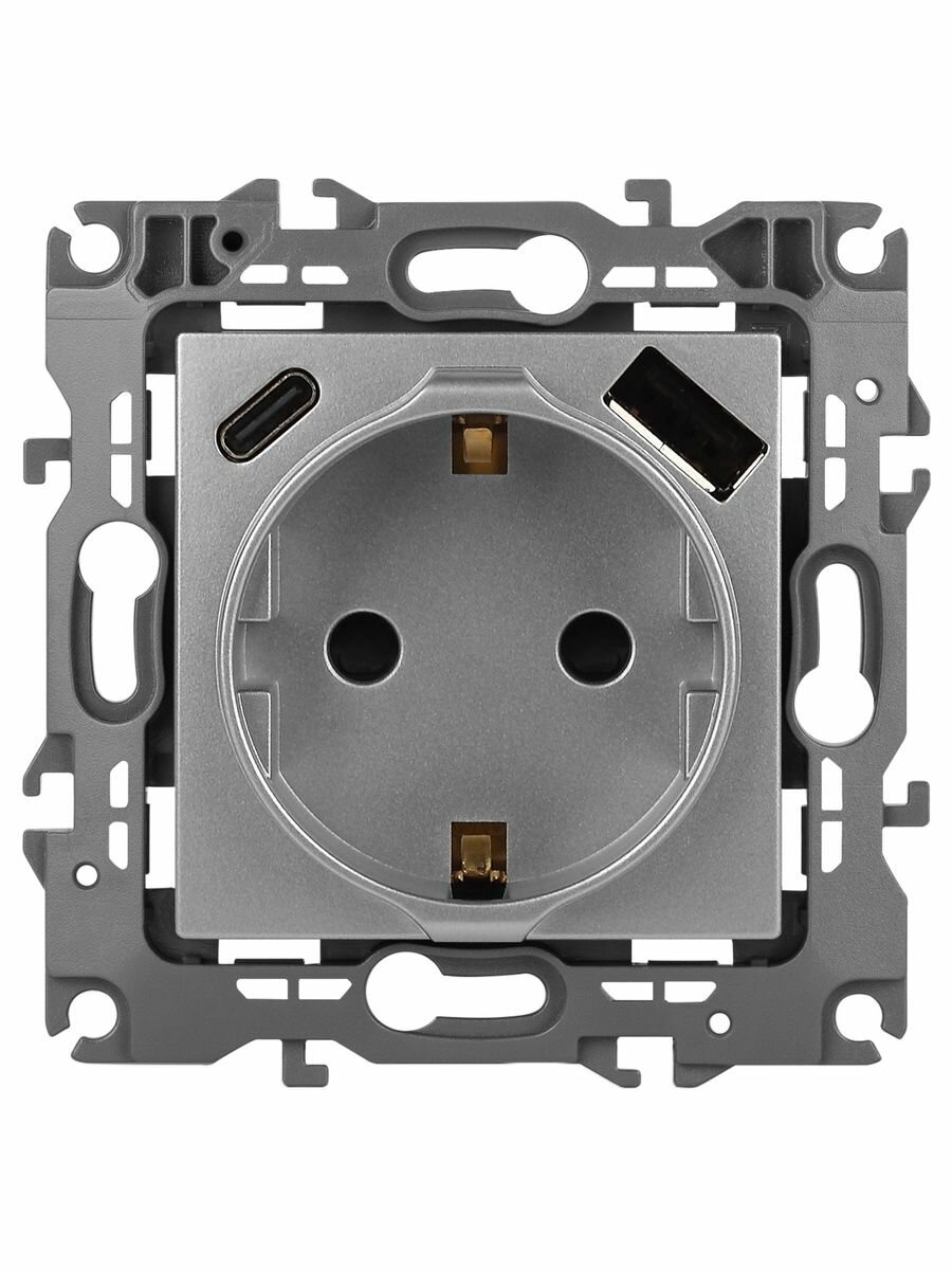 Розетка с заземлением с USB ЭРА 12 4108-03 со шторками, 2P+E 16A, 250В, USB Tupe-A+C 5В-3А, алюминий