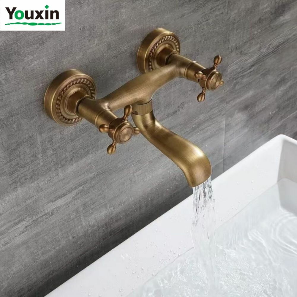 Ретро-медный смеситель для ванны, настенный смеситель для ванной комнаты, смеситель для горячей и холодной воды Youxin с двойными ручками, KE-Y280