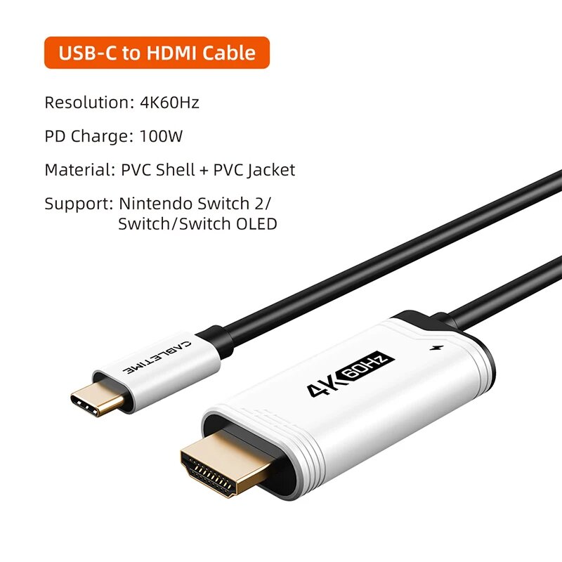 CABLETIME USB C — HDMI Кабель PD 100 Вт для Nintendo Switch / PS4/5 White