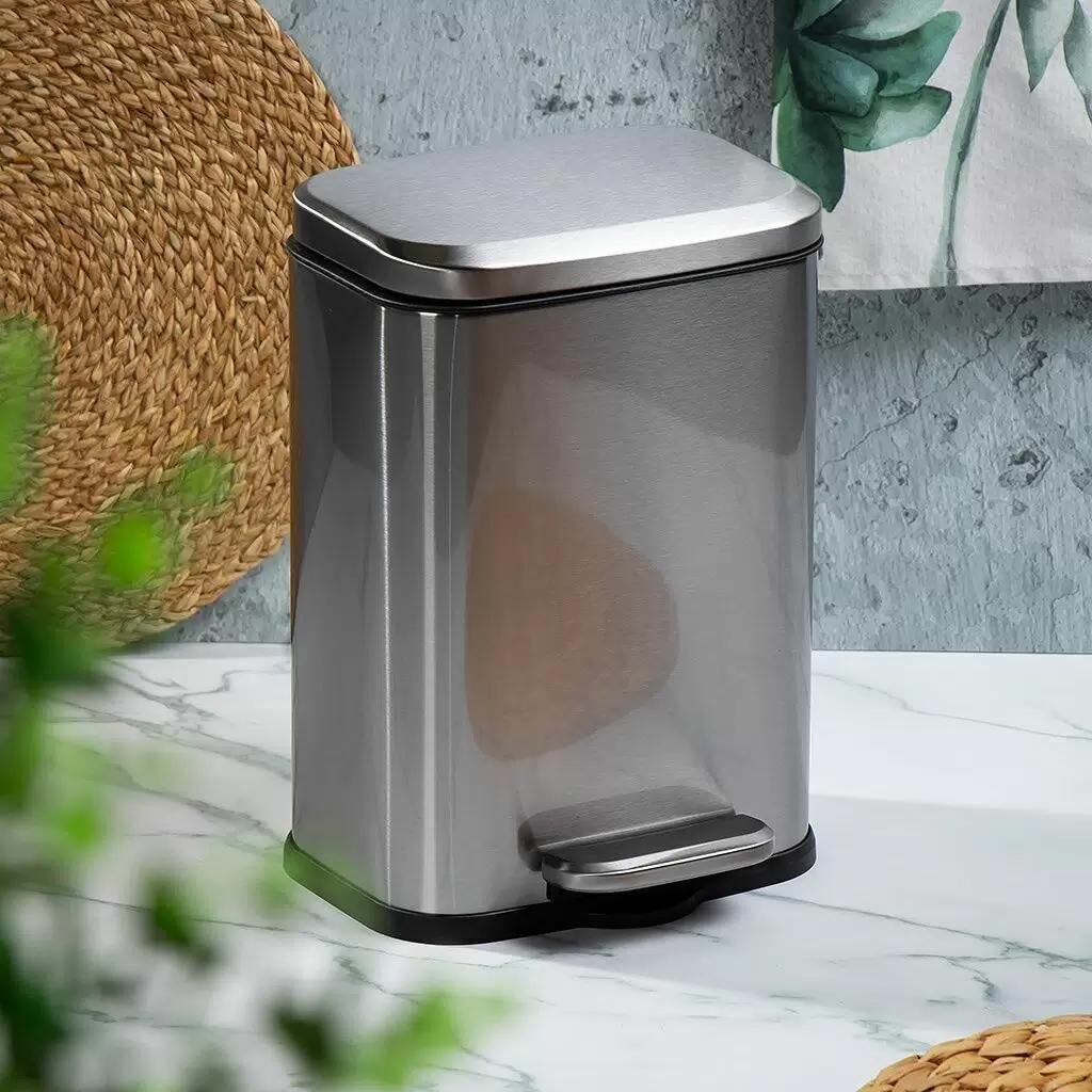 Ведро мусорное КНР нержавеющая сталь, 6 л, прямоугольное, педаль, серебристое