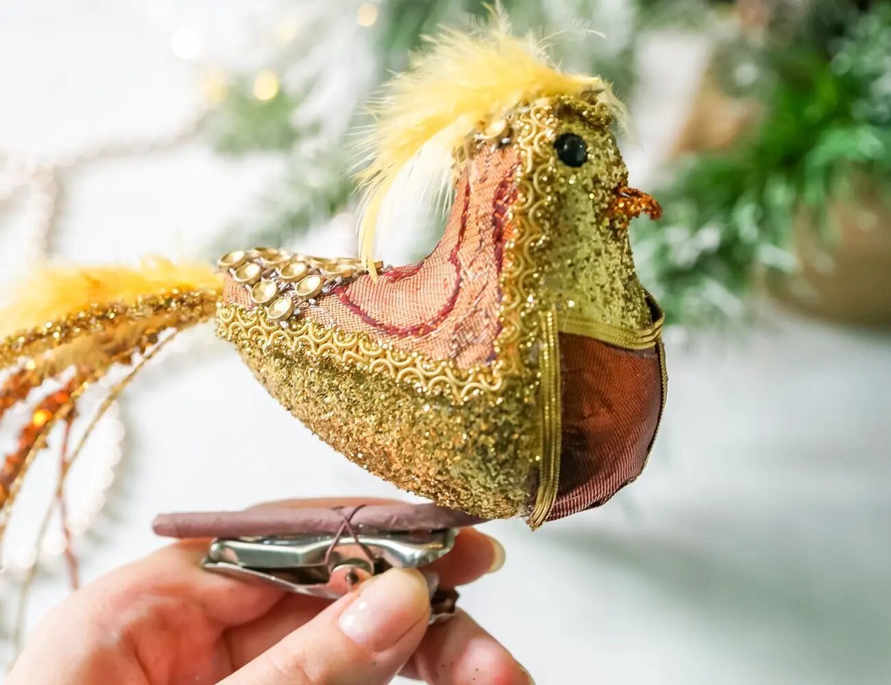 Ёлочная игрушка колибри - селасфорус руфус на клипсе, полиэстер, золотая, 27 см, Winter Deco