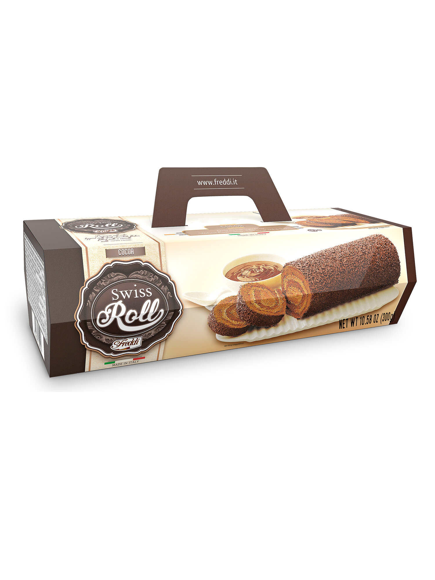 Рулет бисквитный FREDDI Swiss Roll COCOA с шоколадной начинкой, покрытый шоколадными хлопьями, 300г