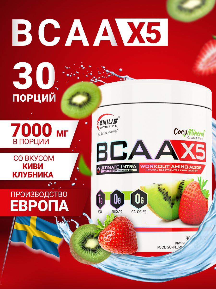 BCAA Аминокислоты Genius Nutrition 2:1:1 (БЦАА) 360 г / 30 порций - киви-клубника