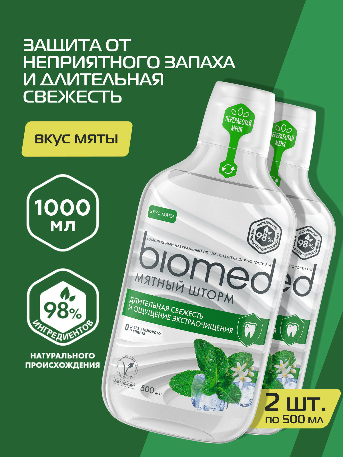 Ополаскиватель для рта BIOMED (биомед) «Мятный шторм». 500 мл, 2 шт.