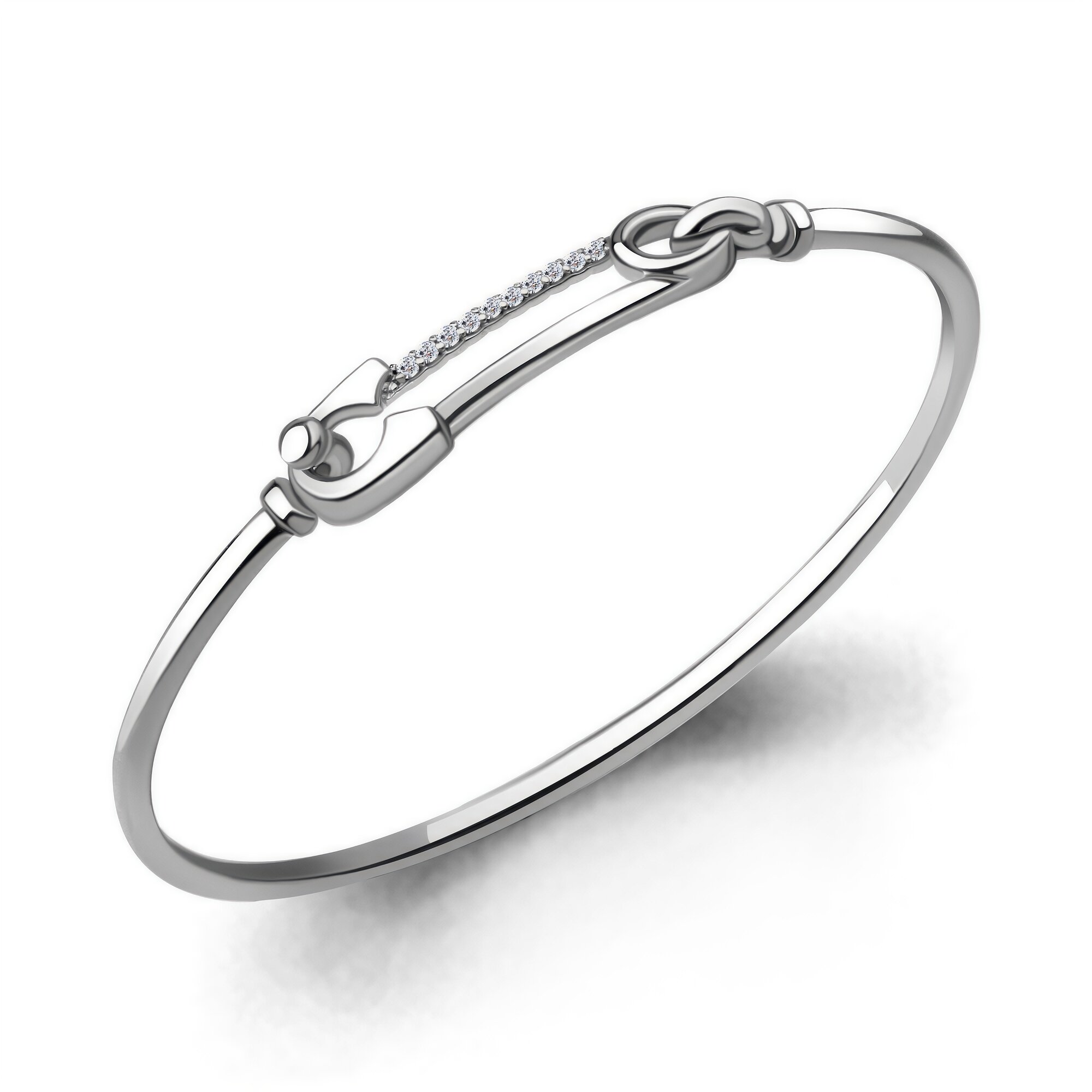 Жесткий браслет, серебро, 925 проба, родирование, фианит