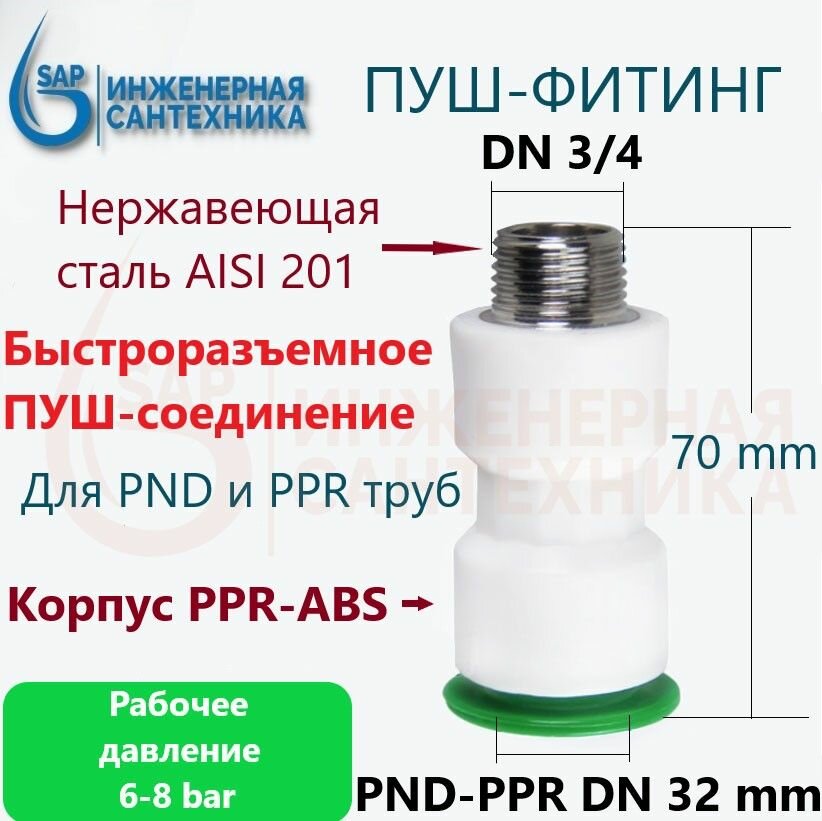 ПУШ муфта для ПНД и ППР труб, DN 32-3/4НР, 3 Штуки